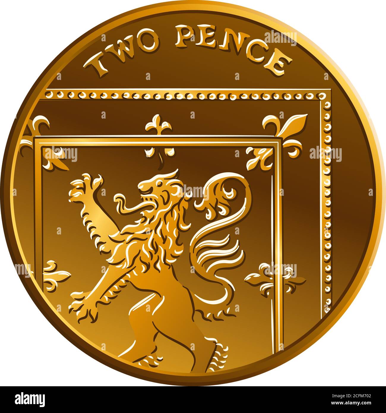 Vector new design of British gold coin Two pee or 2 pence, reverse with ...