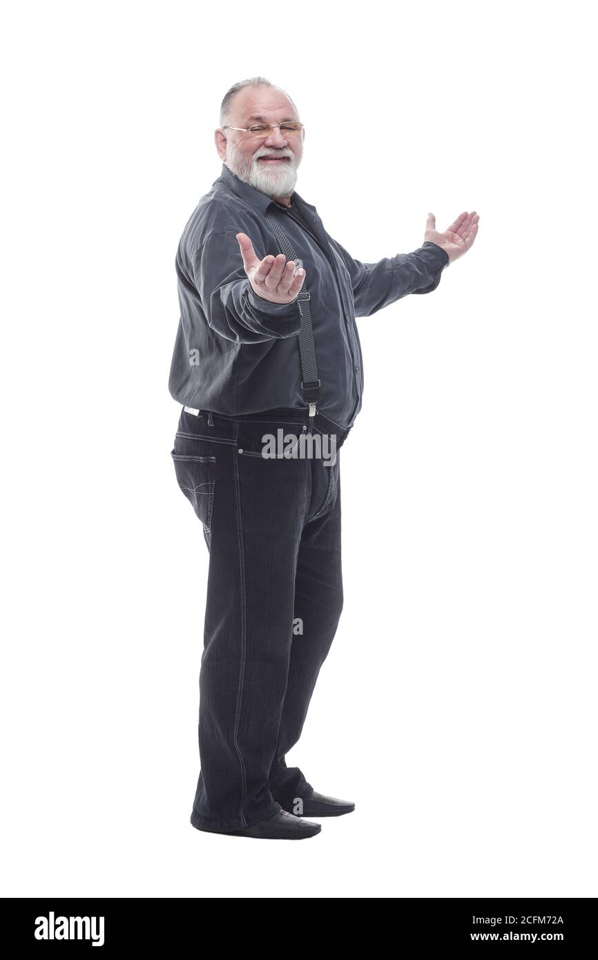 attractive older man pointing at a white blank screen Stock Photo - Alamy
