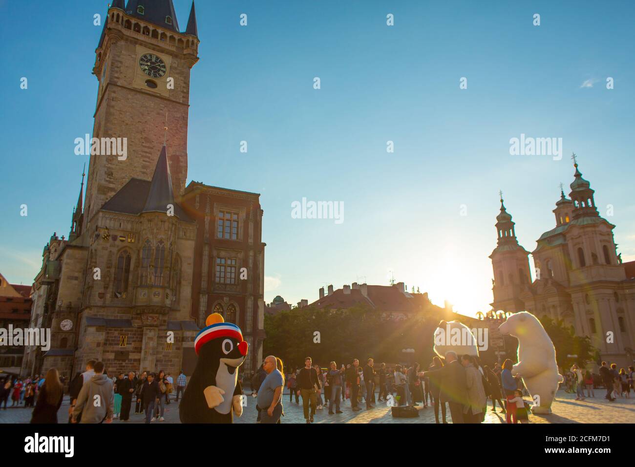 Prague Old Town Square, old european architecture. Animators in ...