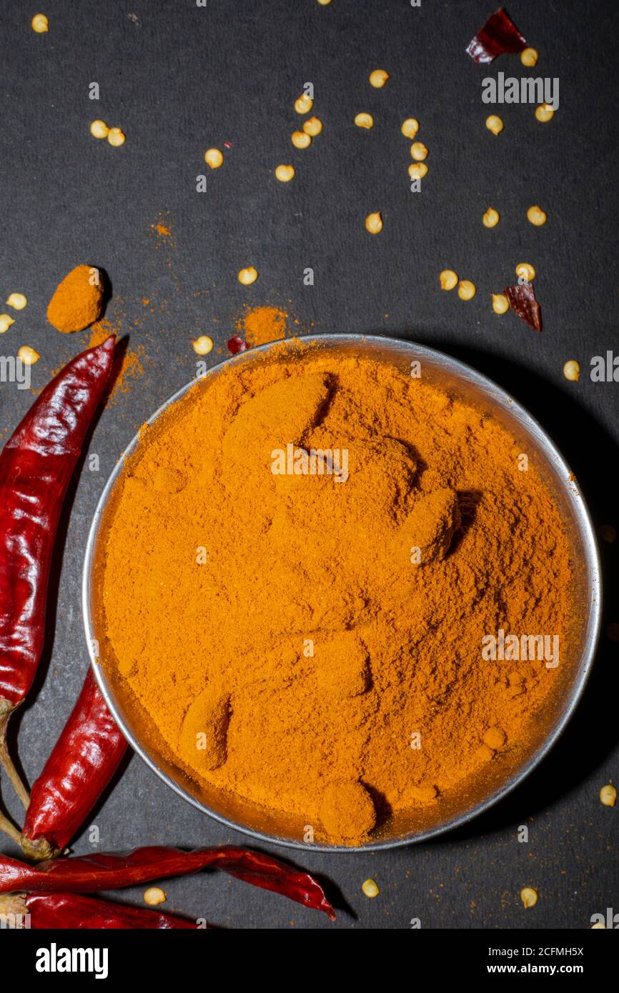 Chili powder in silver bowl on tables Stock Photo - Alamy