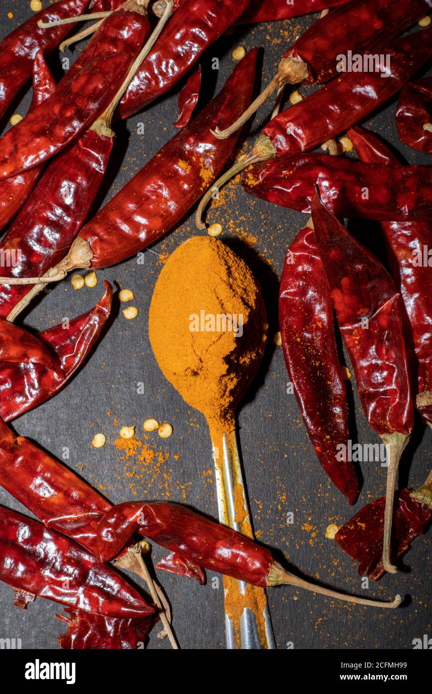 Red chilli powder in spoon on tables Stock Photo - Alamy
