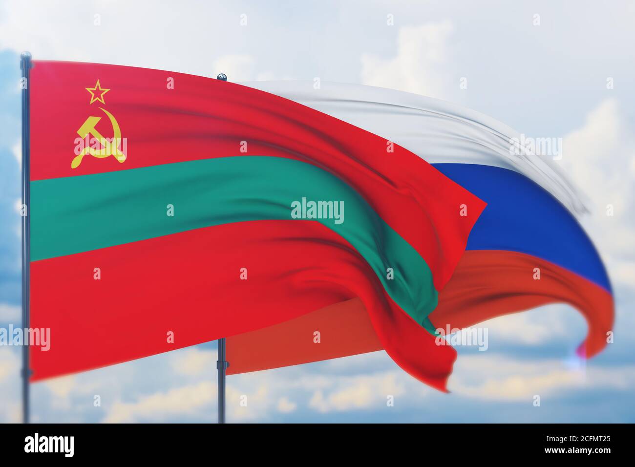 Waving Russian flag and flag of Transnistria. Closeup view, 3D ...