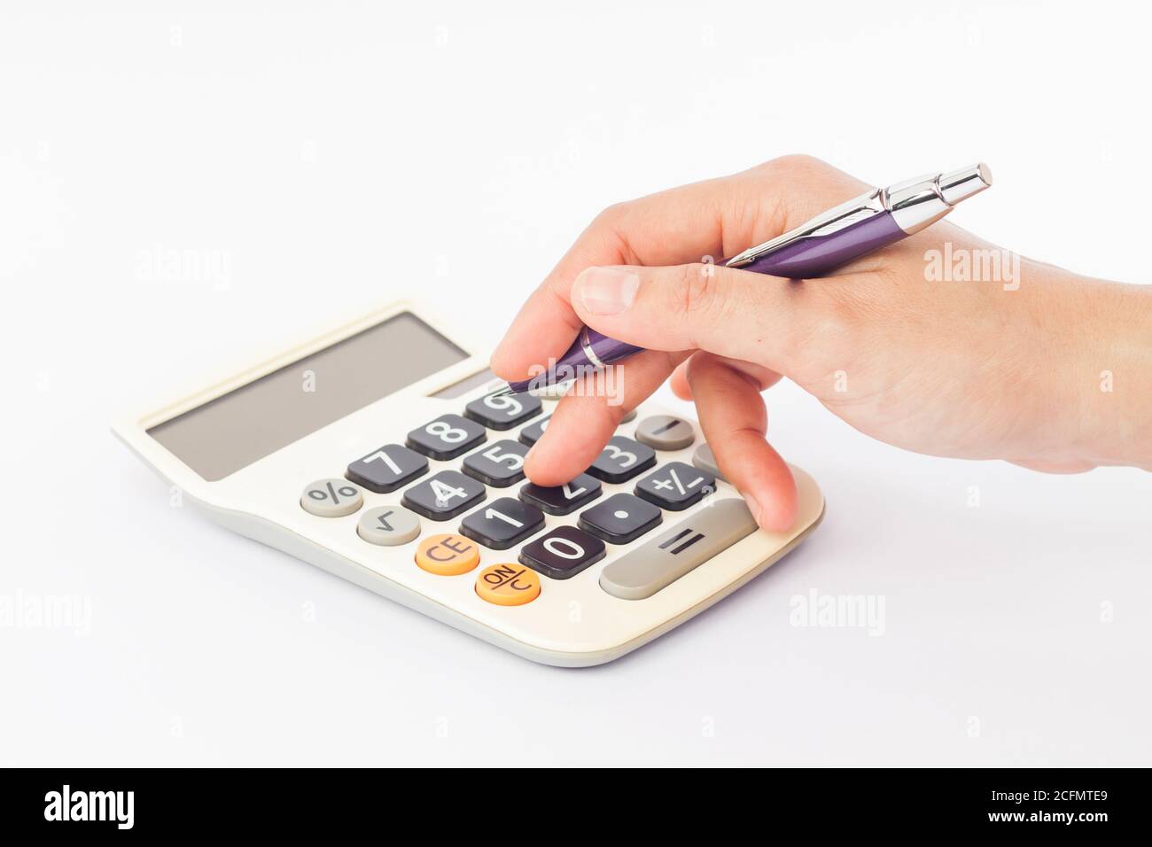 Calculator with hand isolated on white background, stock photo Stock ...
