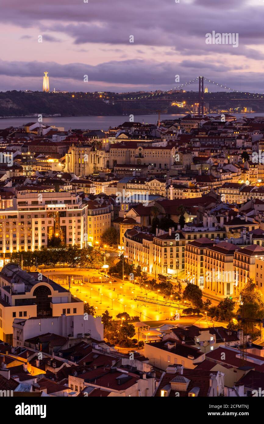 Beautiful view to old historic city buildings in central Lisbon ...