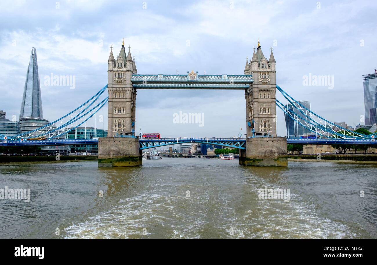 Tower Bridge from the River Thames, London, UK with the Shard in the ...