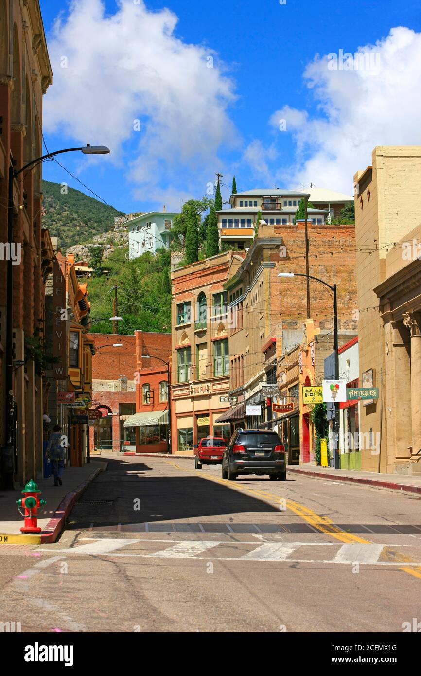 Main street in Old Bisbee surrounded by the Mule Mountains in SE ...