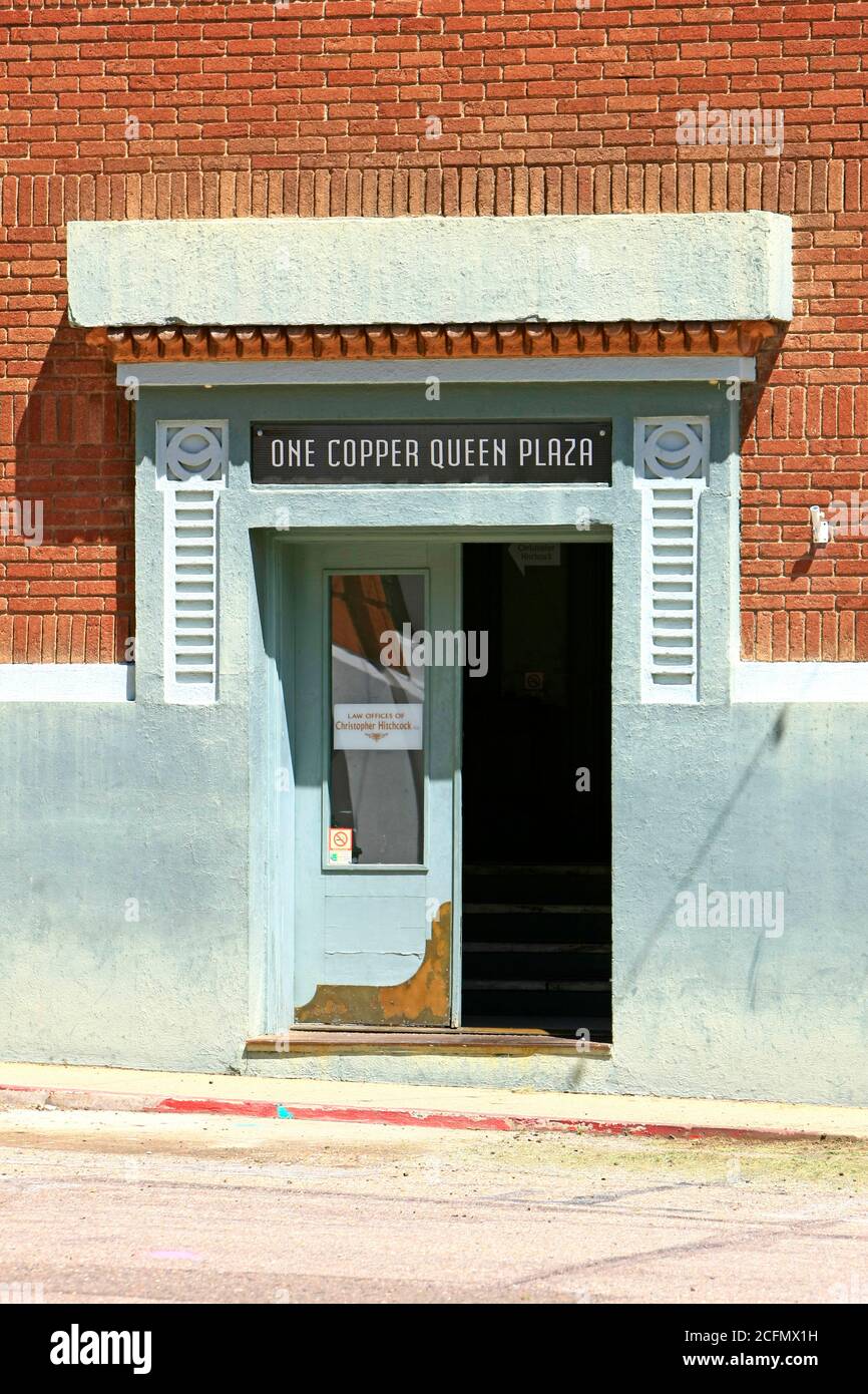 The blue painted doorway into the One Copper Queen Plaza in downtown ...