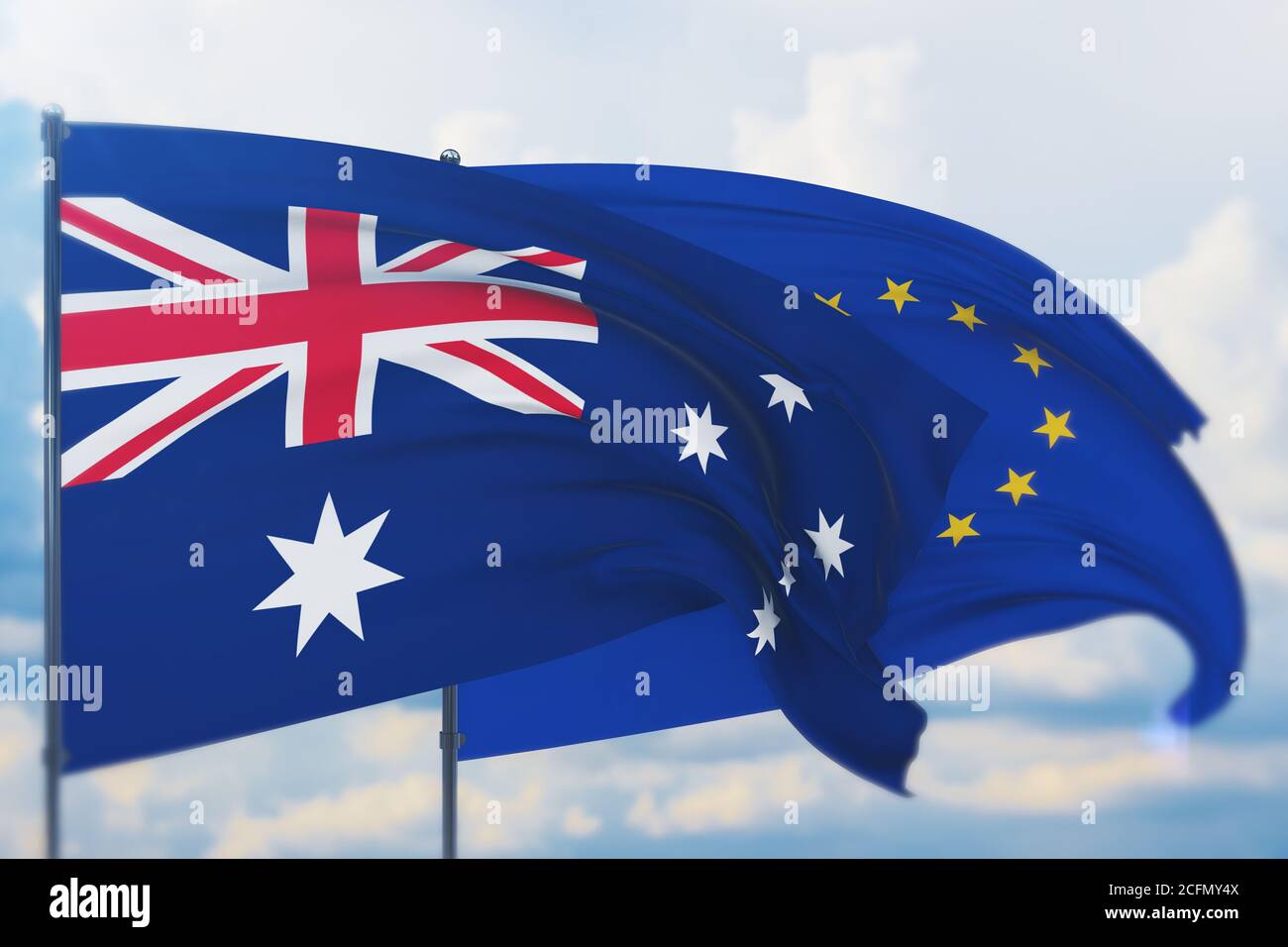 Waving European Union flag and flag of Australia. Closeup view, 3D ...