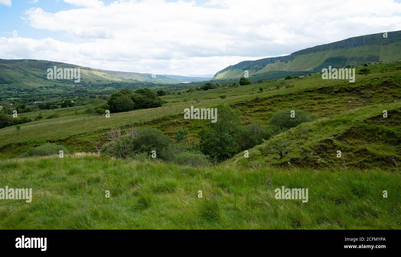Glenad Valley and cliffs face Dartry mountains in Co. Leitrim, Ireland ...
