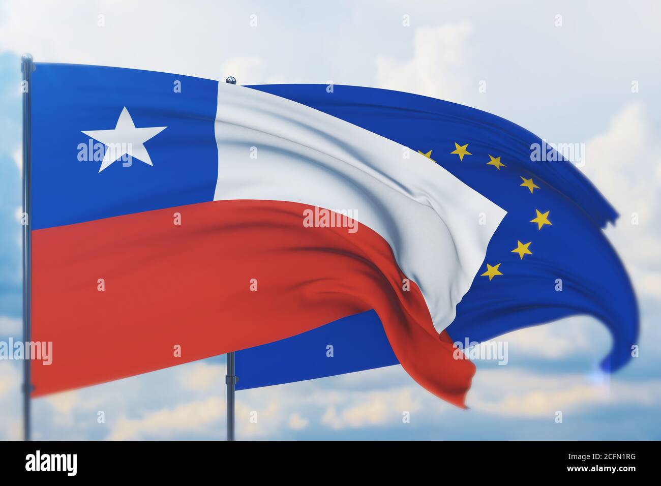Waving European Union flag and flag of Chile. Closeup view, 3D ...