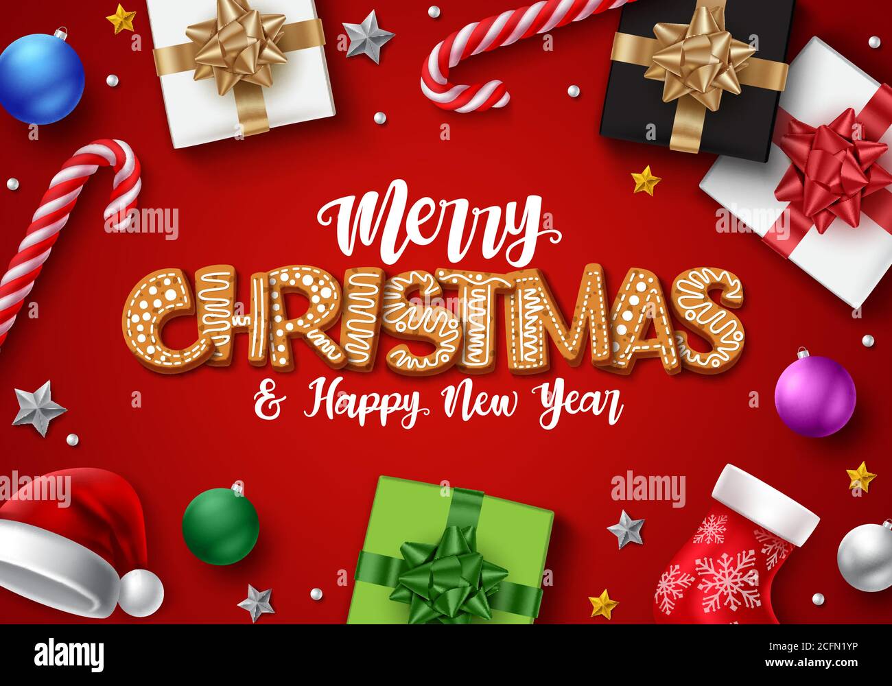 Christmas in red background vector design. Merry christmas gingerbread ...