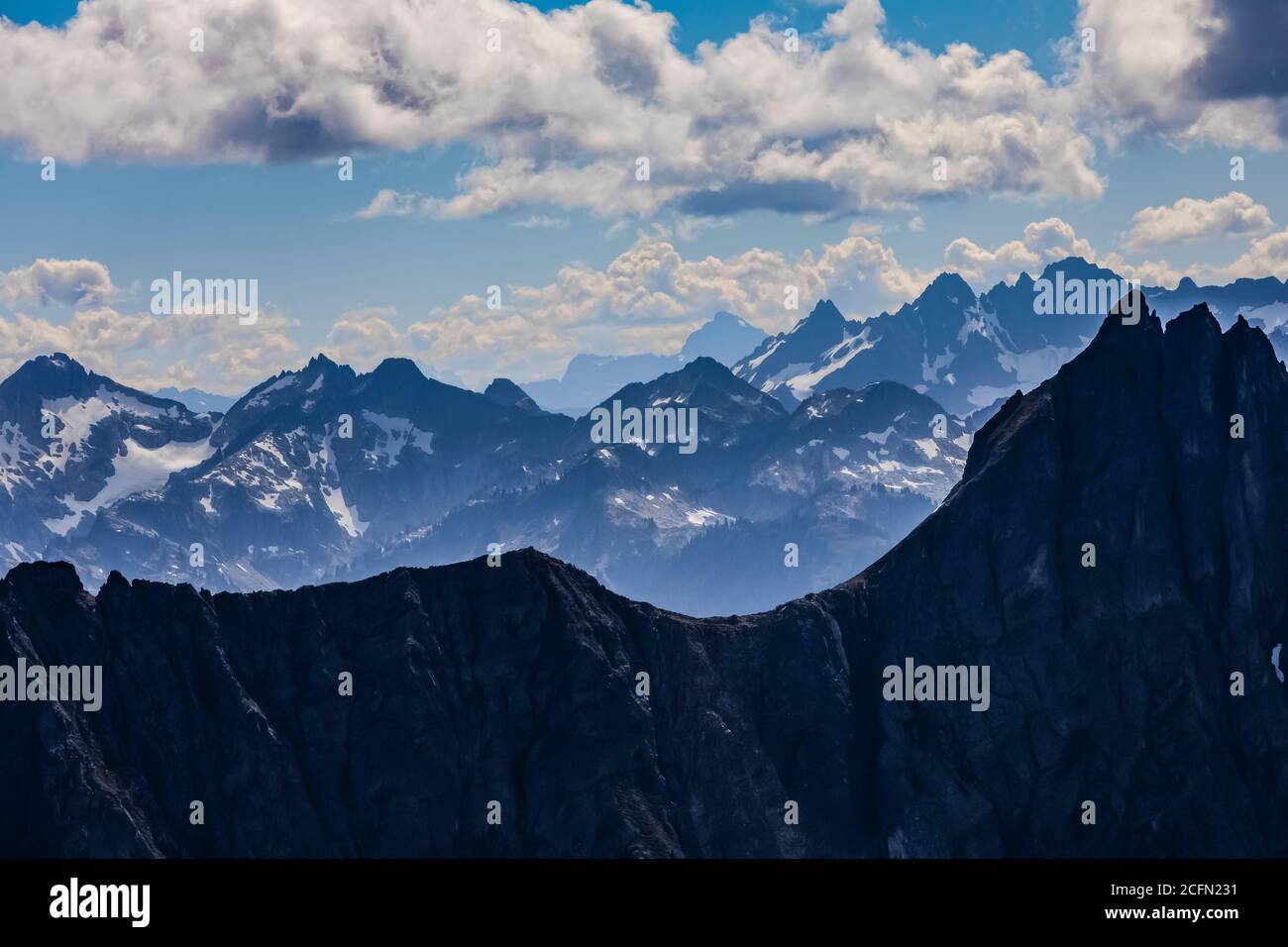 Dramatic North Cascades mountainscape viewed from Sahale Glacier Camp ...