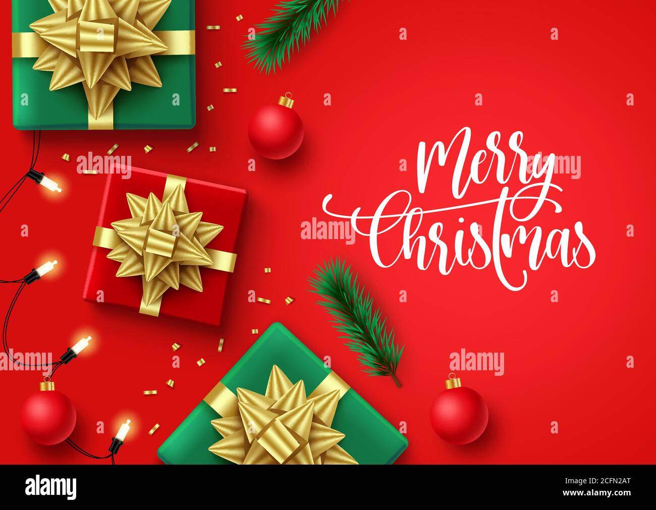 Christmas in red background vector template. Merry christmas text with ...