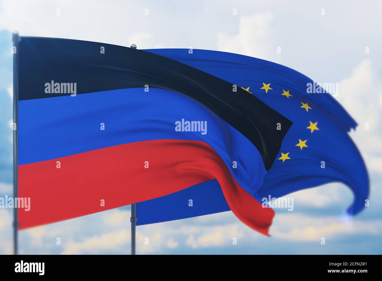 Waving European Union flag and flag of Donetsk People's Republic ...