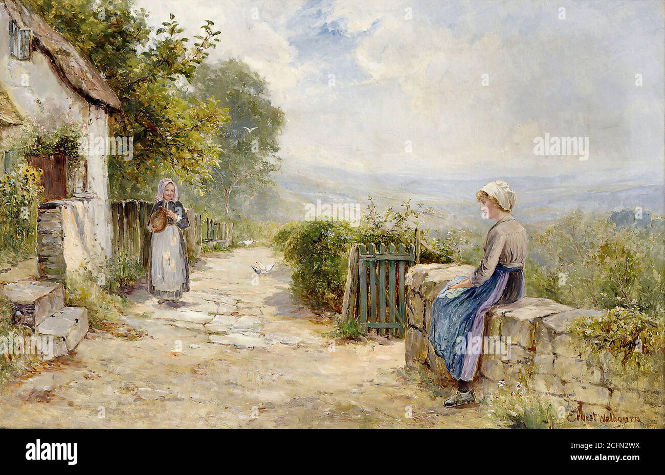 Walbourn Ernest - Summer Landscape with Girl Seated on a Wall - British ...