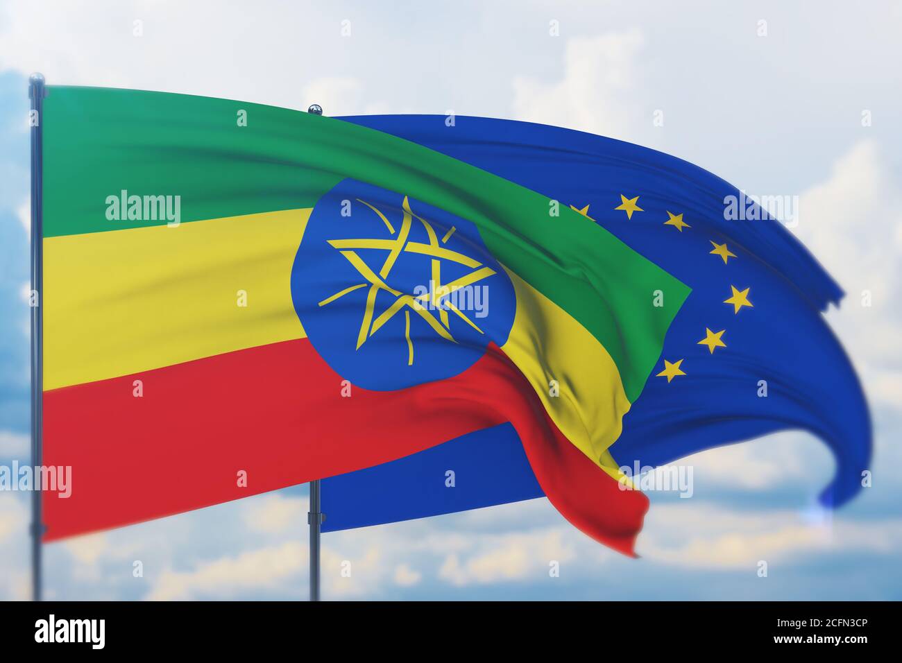 Waving European Union flag and flag of Ethiopia. Closeup view, 3D ...