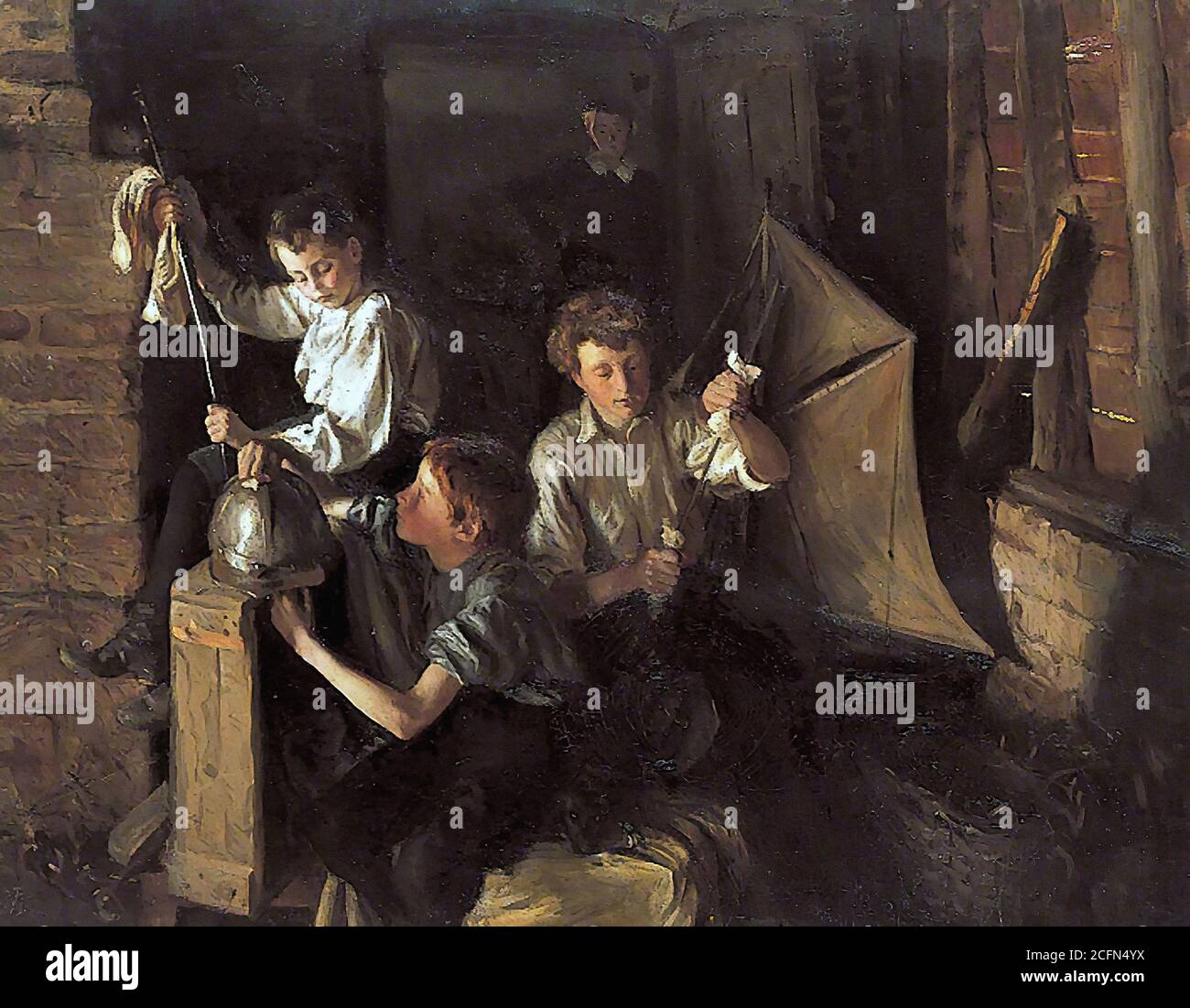 Symons Mark Lancelot - Children Playing in an Interior Polishing Armour ...