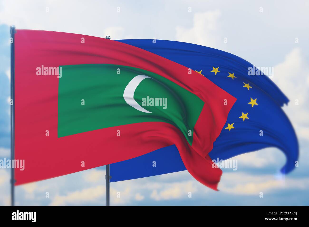 Waving European Union flag and flag of Maldives. Closeup view, 3D ...