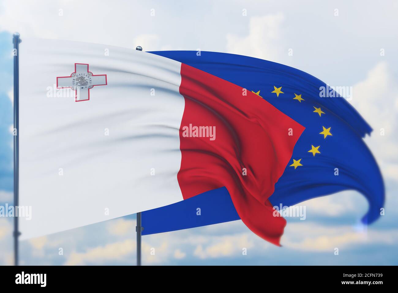 Waving European Union flag and flag of Malta. Closeup view, 3D ...