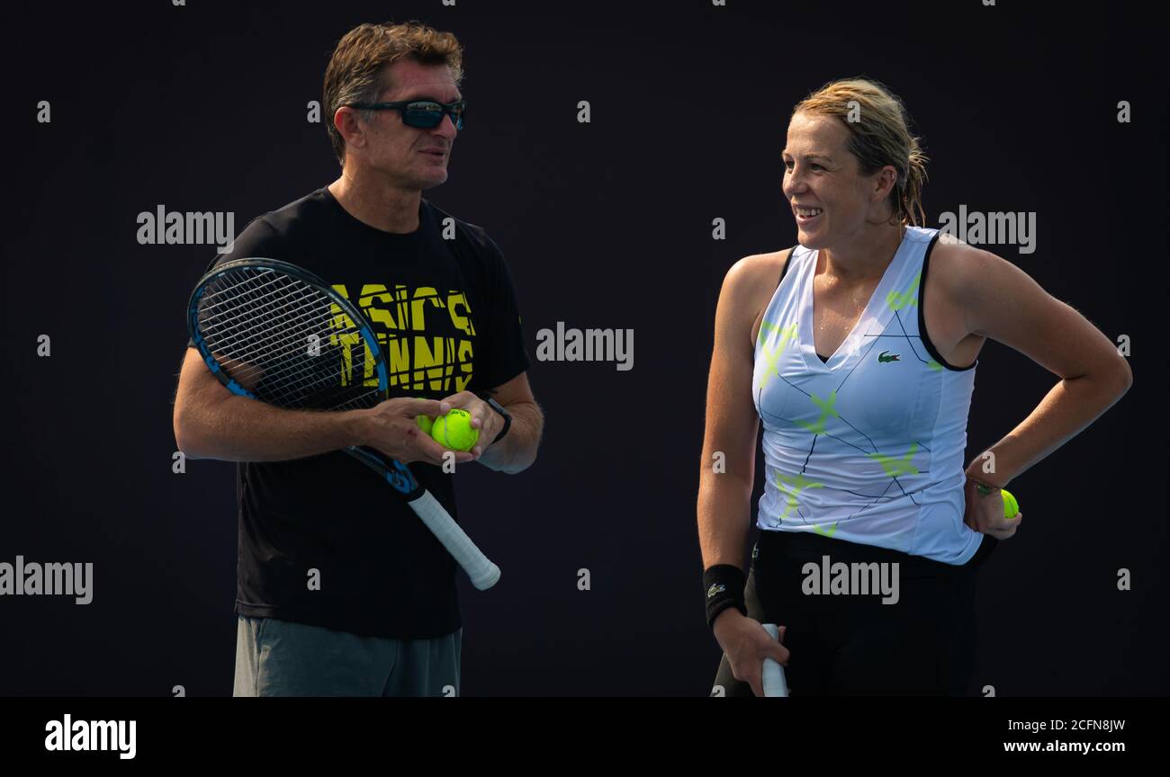 Anastasia Pavlyuchenkova of Russia and coach Sam Sumyk during practice ...
