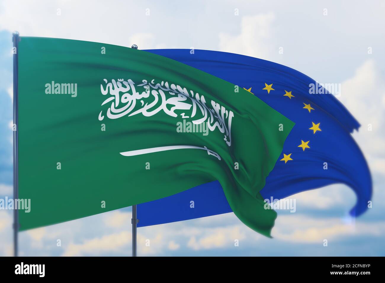 Waving European Union flag and flag of Saudi Arabia. Closeup view, 3D ...