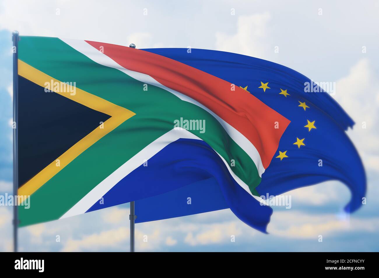 Waving European Union flag and flag of South Africa. Closeup view, 3D ...