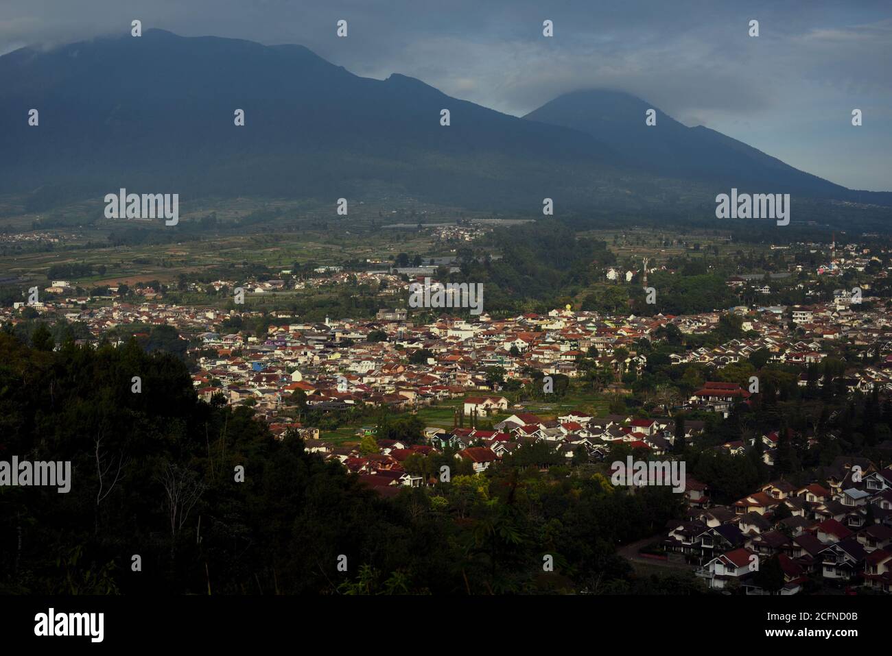 Dome-shaped Mount Gede (left) and the conical Mount Pangrango, the core ...