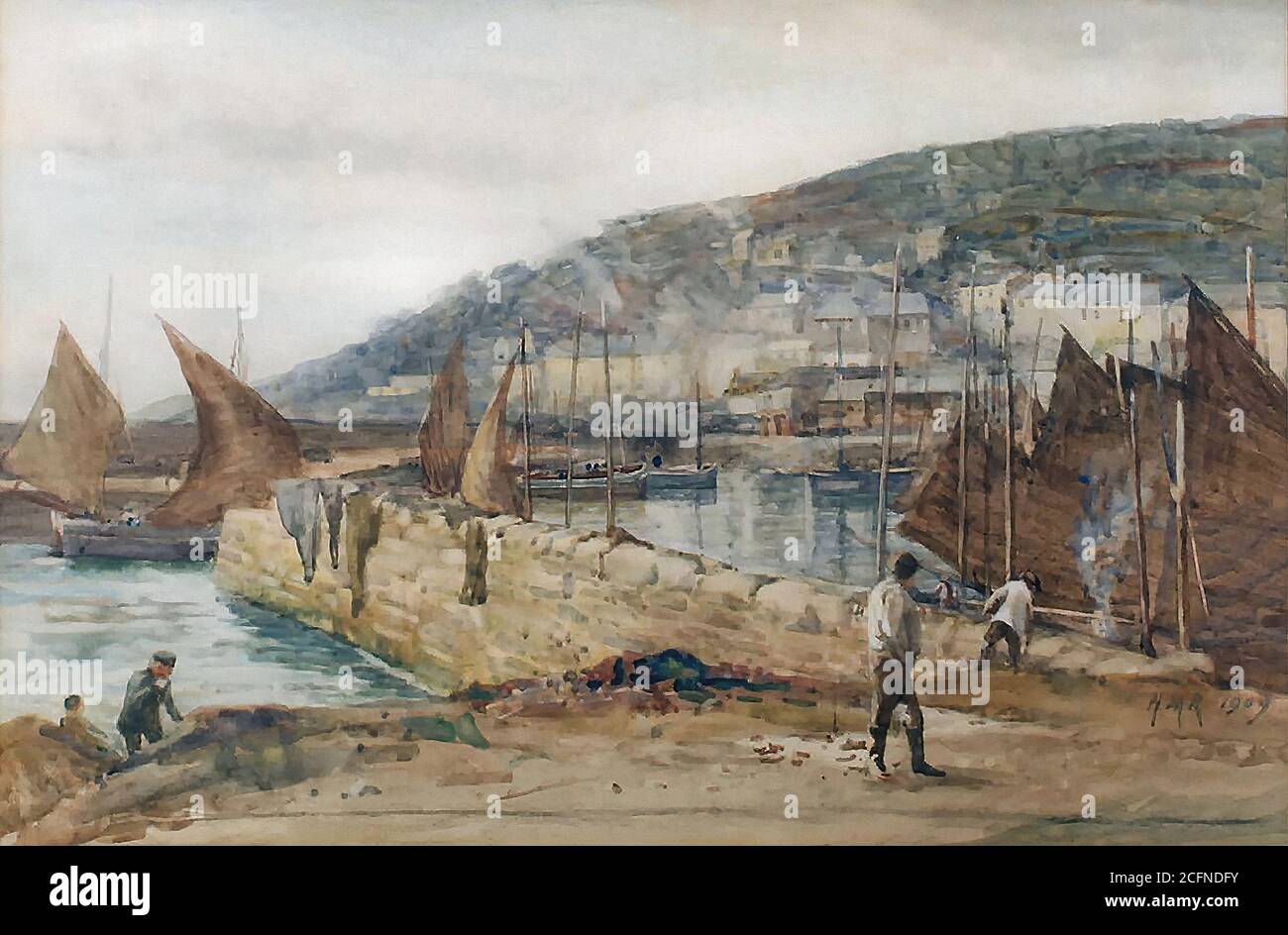 Rheam Henry Meynell - Harbour Scene with Fishermen to the Foreground ...