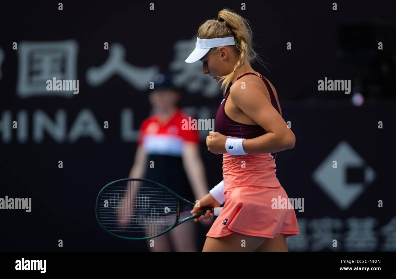 Dayana Yastremska of the Ukraine in action during her first-round match ...