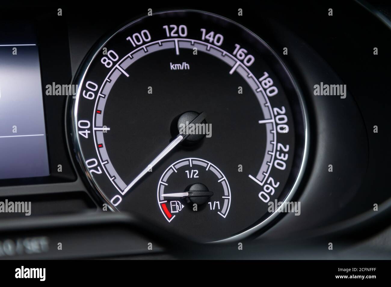 sign and symbol on car dashboard. Car speedometer closeup. Car interior ...