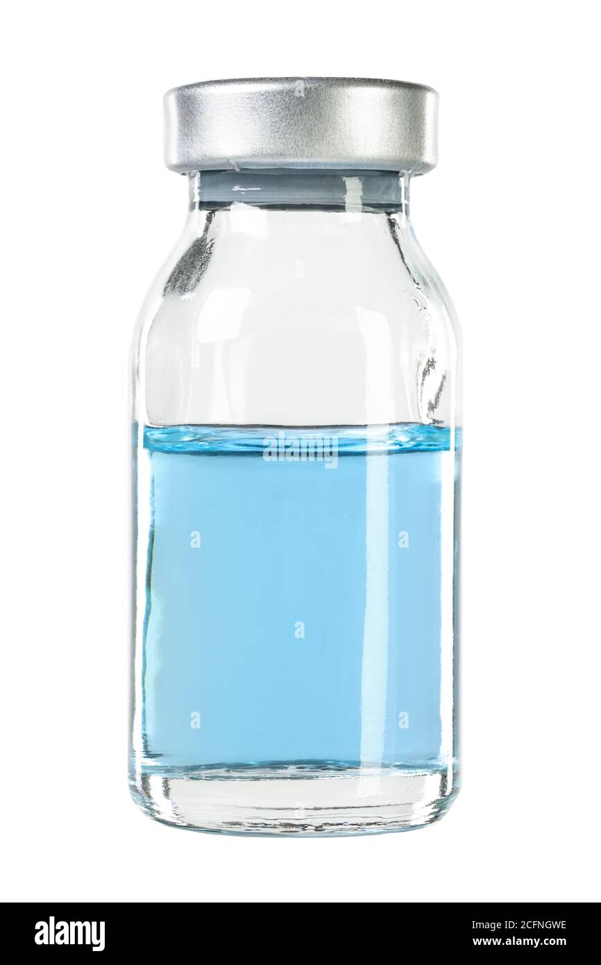 Glass vaccine drug vial filled with blue liquid. Isolated on white ...