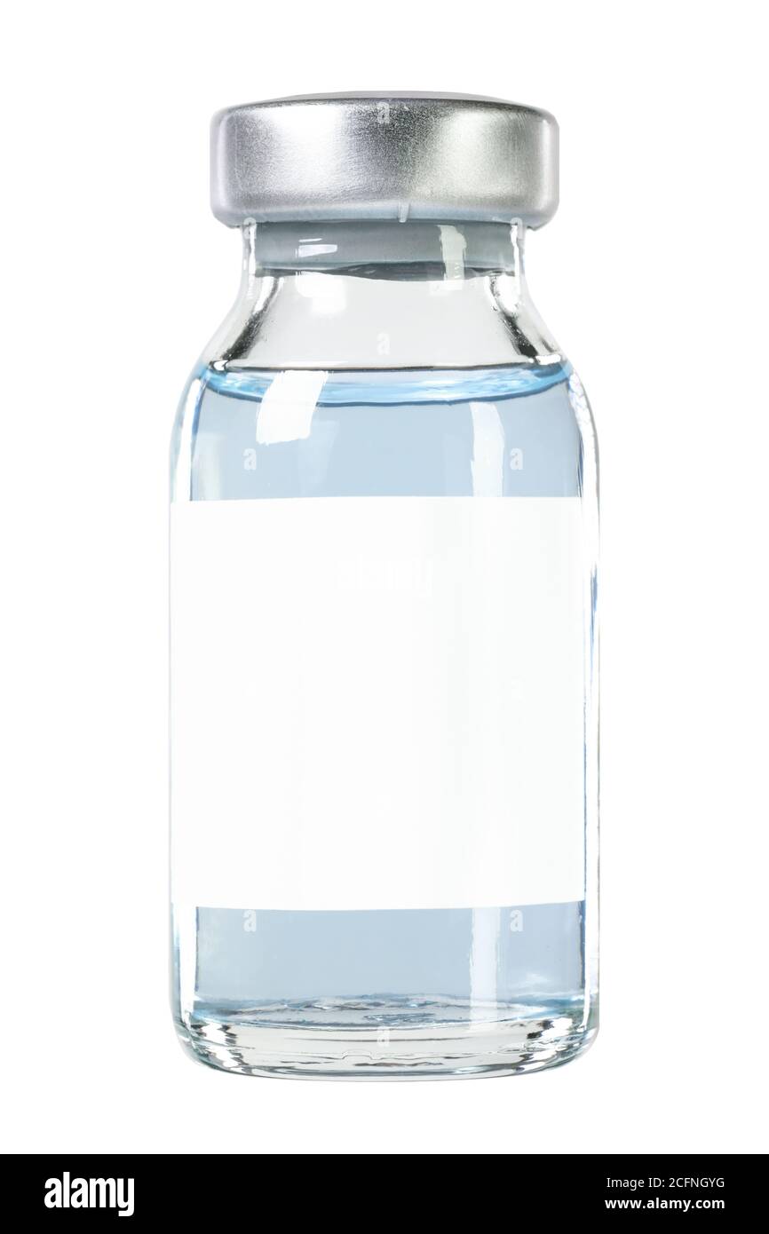Glass vaccine drug vial filled with blue liquid with blank white label ...