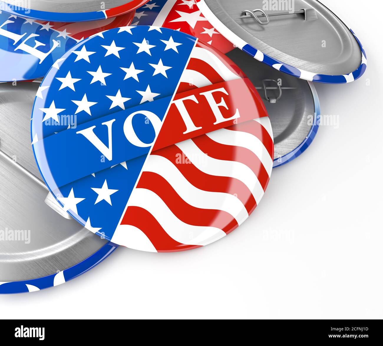 Pile of American red, white, and blue Vote pins. Collection of voting ...