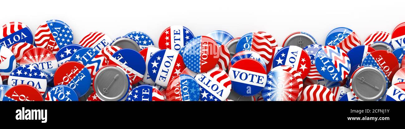 Pile of American red, white, and blue Vote pins. Collection of voting ...