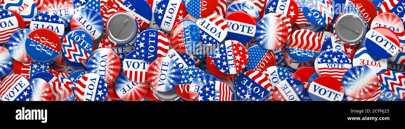 Pile of American red, white, and blue Vote pins. Collection of voting ...