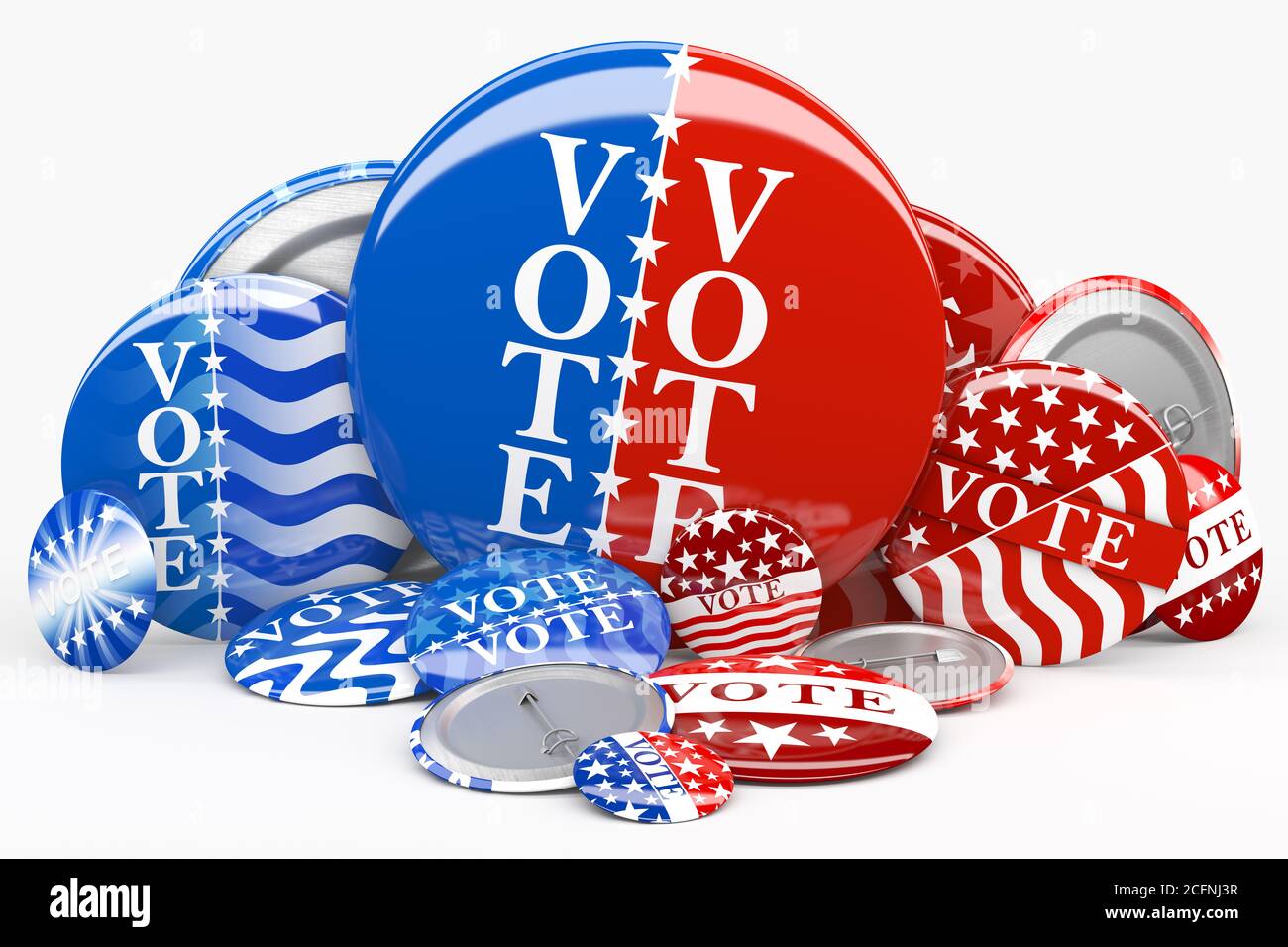 Pile of American red, white, and blue Vote pins. Collection of voting ...