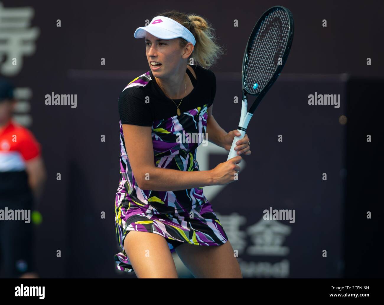 Elise Mertens of Belgium in action during her first-round match at the ...