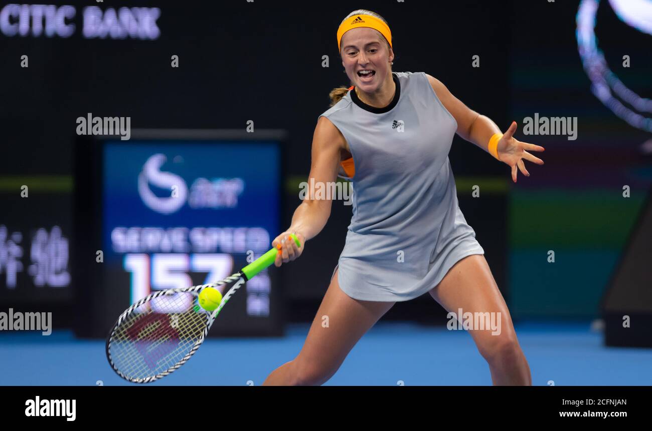 Jelena Ostapenko of Latvia in action during her first-round match at ...