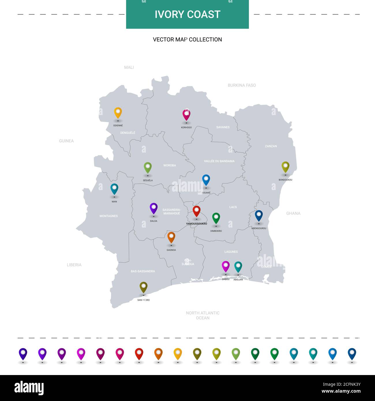 Ivory Coast map with location pointer marks. Infographic vector ...