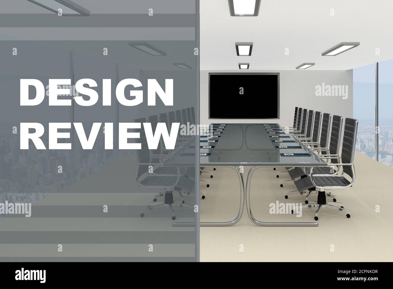 3D illustration of DESIGN REVIEW title on a glass compartment Stock ...