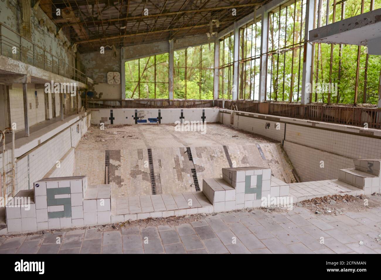 Pripyat / Ukraine - May 15, 2018: empty and destroyed olympic pool in ...