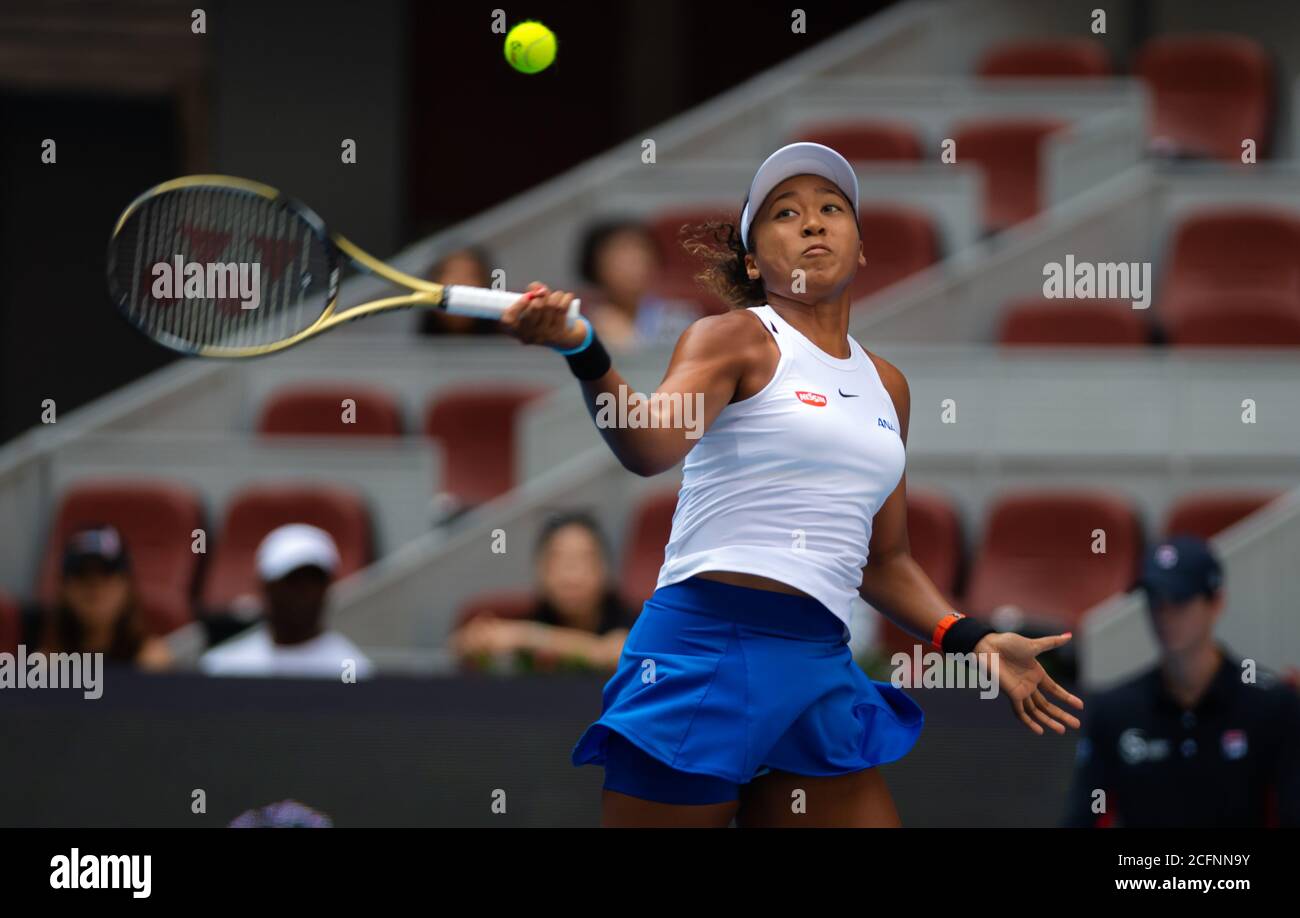 Naomi Osaka of Japan in action during her first-round match at the 2019 ...