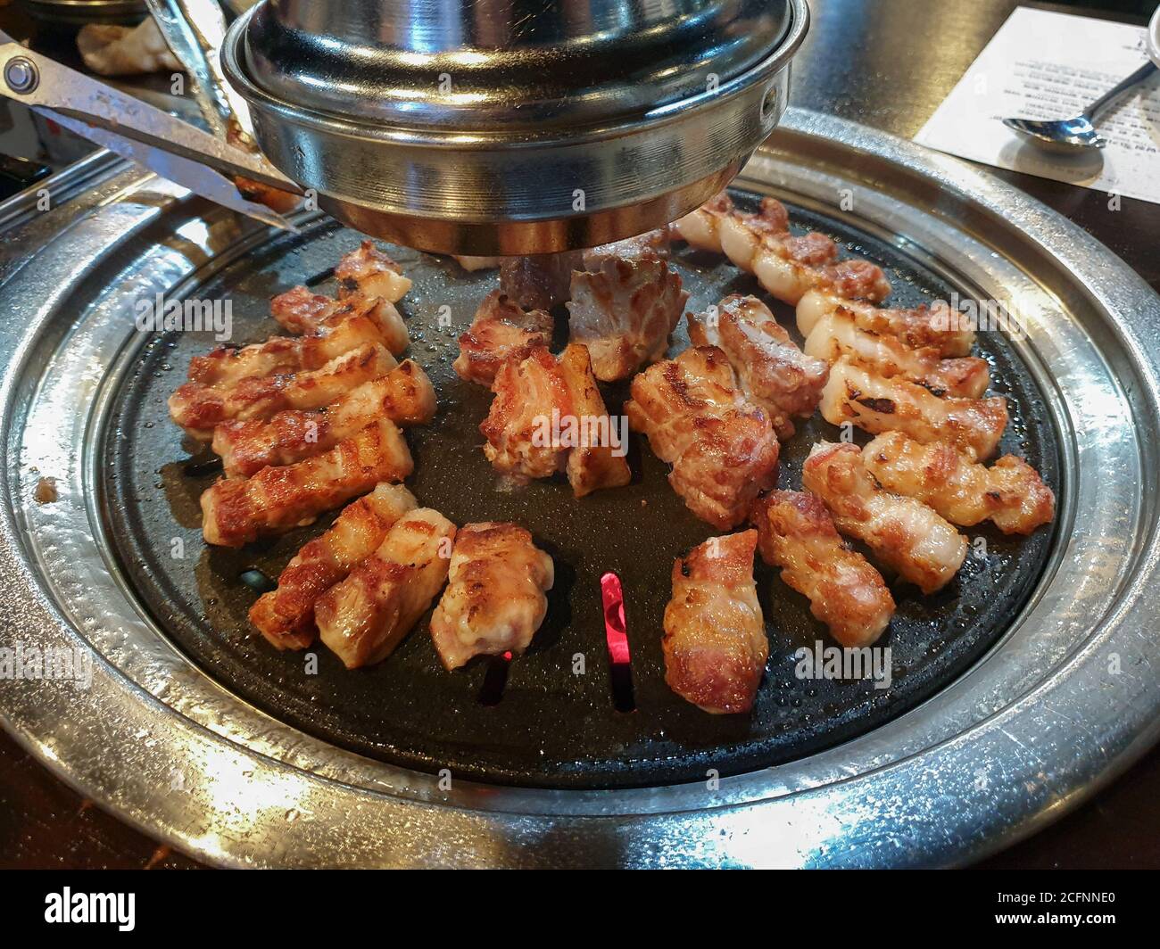 Samgyeopsal, grilled pork belly and Moksal, grilled pork neck. Good ...