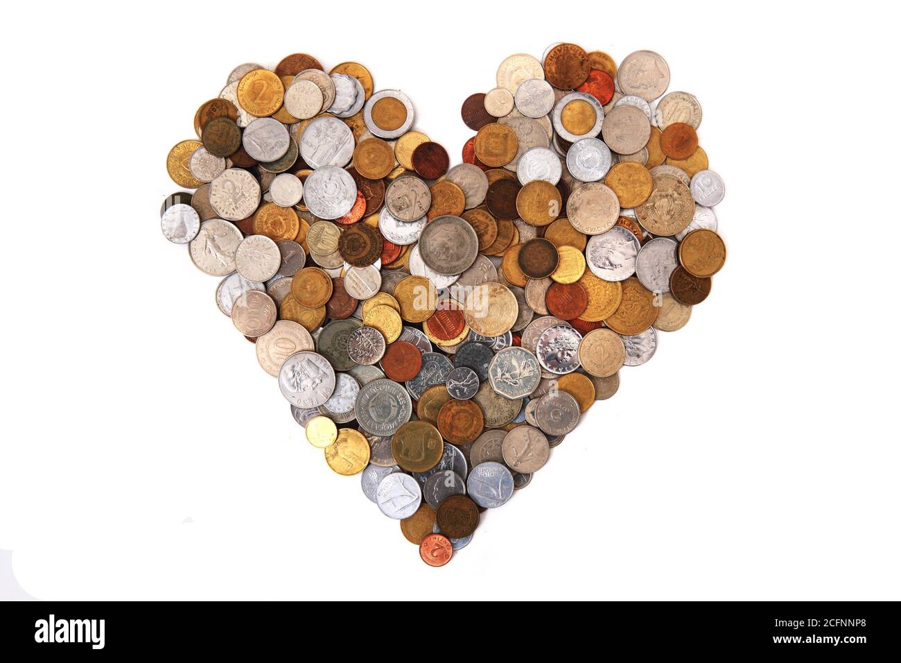 heart from world coins isolated on the white background Stock Photo - Alamy