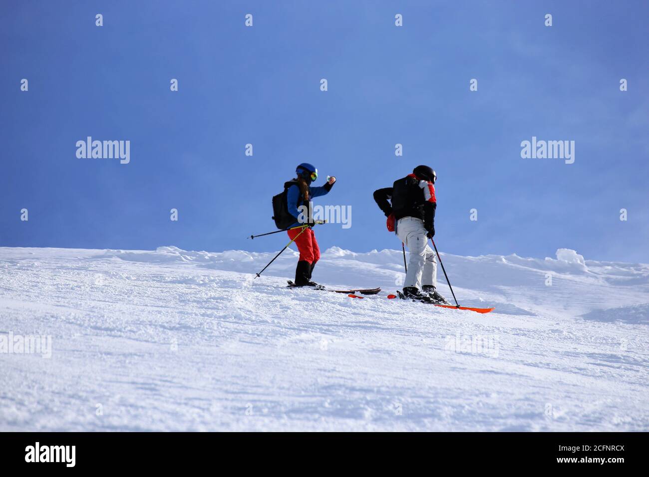 Two skiers enjoy the view Stock Photo - Alamy