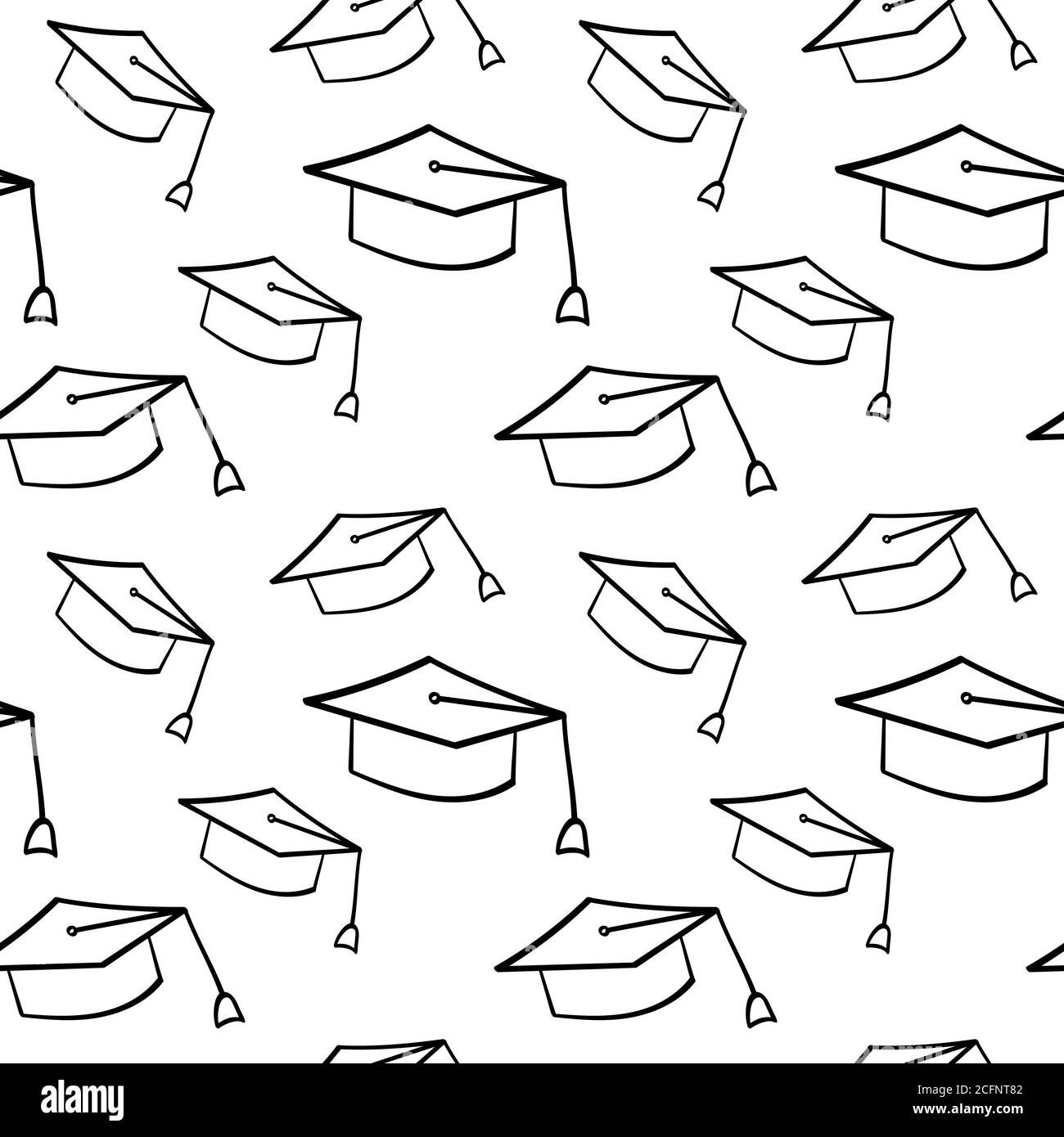 Graduate cap seamless pattern. Outline hand drawn objects on white ...