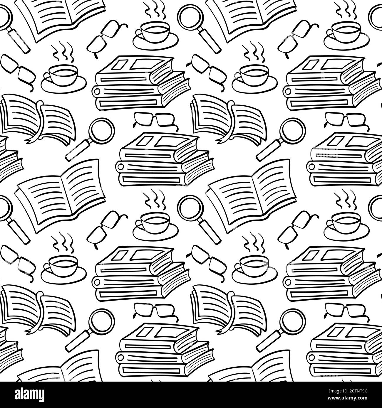 Books and reading seamless pattern. Outline hand drawn objects on white ...