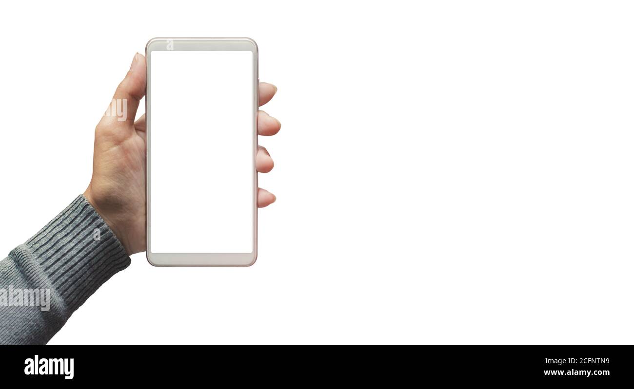 Female hand holding phone isolate white background Stock Photo - Alamy