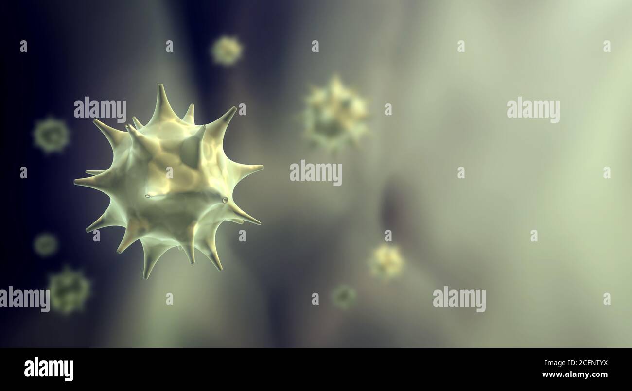 Horizontal banner with viruses under microscope. Fast multiplication of ...