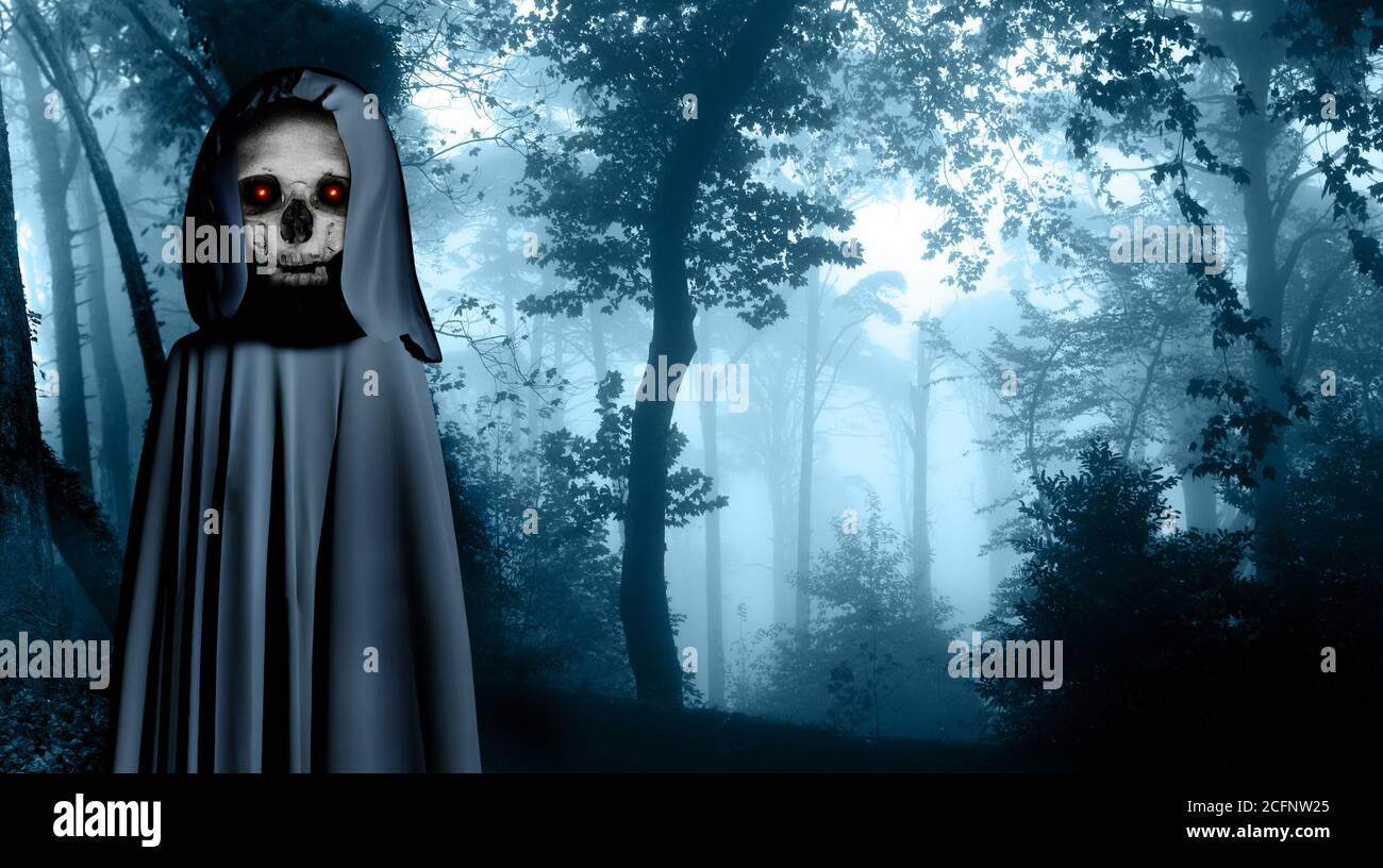 Horizontal banner with Halloween scene. Spooky monster in hooded cloak ...